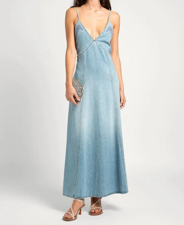 Chloé Denim Maxi Dress With Lace Trims