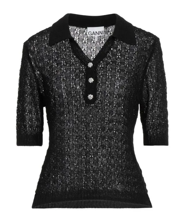 GANNI Button-embellished Short Sleeve Knit Top - Black