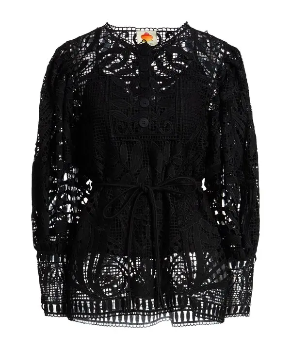 Farm Rio Lace Belted Long Sleeve Top