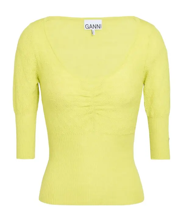GANNI Crewneck Short Sleeve Fine Knit Jumper - Yellow