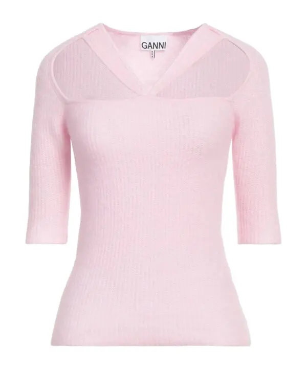 GANNI V-neck Short Sleeve Knit Top - Pink