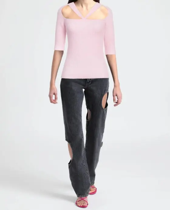 GANNI V-neck Short Sleeve Knit Top