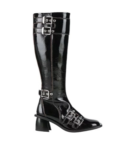GANNI Shiny Round-toe Knee-high Buckled Boots - Black