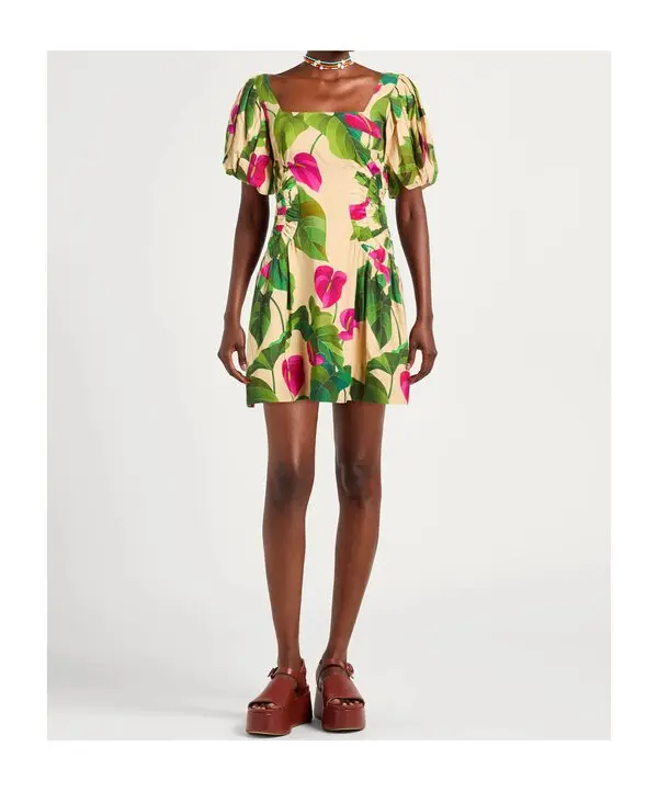 Farm Rio Short Sleeve Square Neck Floral Print Mini Dress