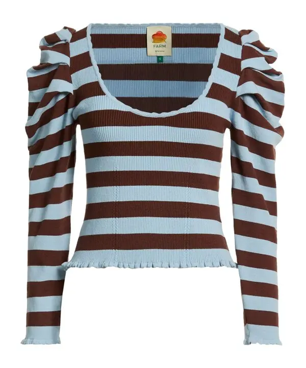 Farm Rio Striped Knit Long Sleeve Top With Puff Sleeves - Sky Blue