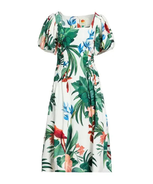 Farm Rio Short-sleeved Dress With Square Neckline And Tropical Print - Green