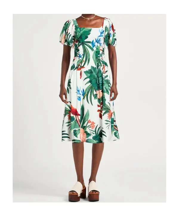 Farm Rio Short-sleeved Dress With Square Neckline And Tropical Print