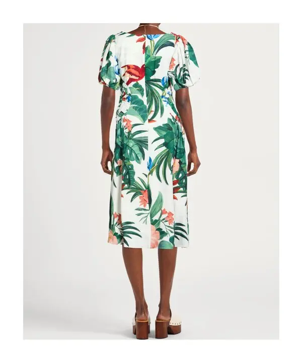 Farm Rio Short-sleeved Dress With Square Neckline And Tropical Print