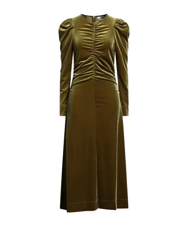 GANNI Velvet Ruched V-neck Long Sleeve Maxi Dress