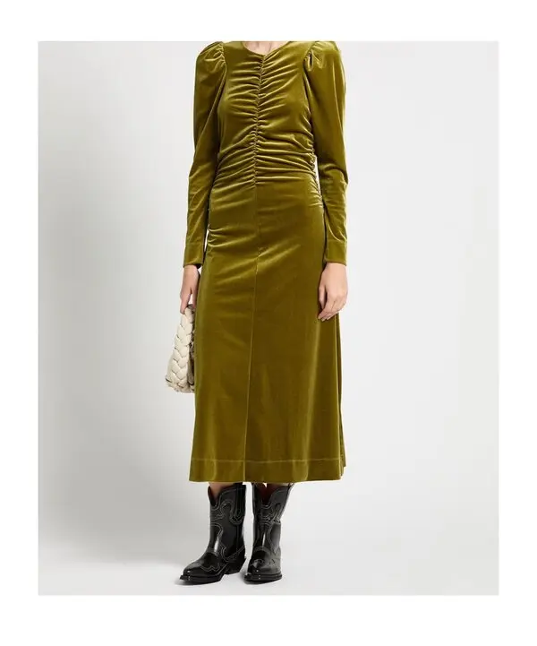 GANNI Velvet Ruched V-neck Long Sleeve Maxi Dress