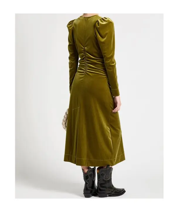 GANNI Velvet Ruched V-neck Long Sleeve Maxi Dress