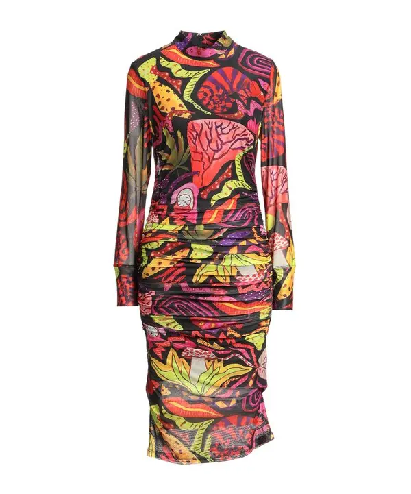 Farm Rio Long-sleeved High Neck Ruched Dress With Multi-colored Pattern