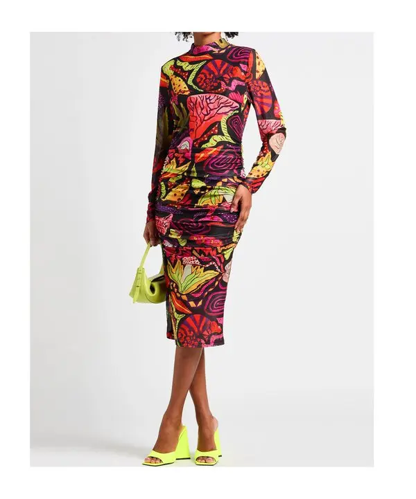 Farm Rio Long-sleeved High Neck Ruched Dress With Multi-colored Pattern