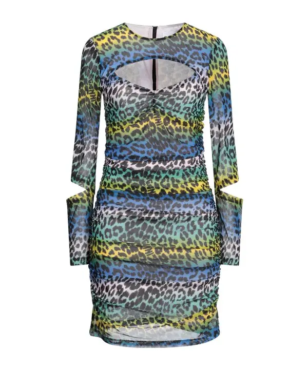 GANNI Leopard Print Mesh Cut-out Dress - Gray