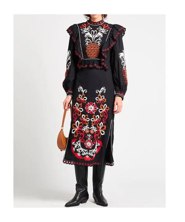 Farm Rio Long-sleeved Embroidered Midi Dress
