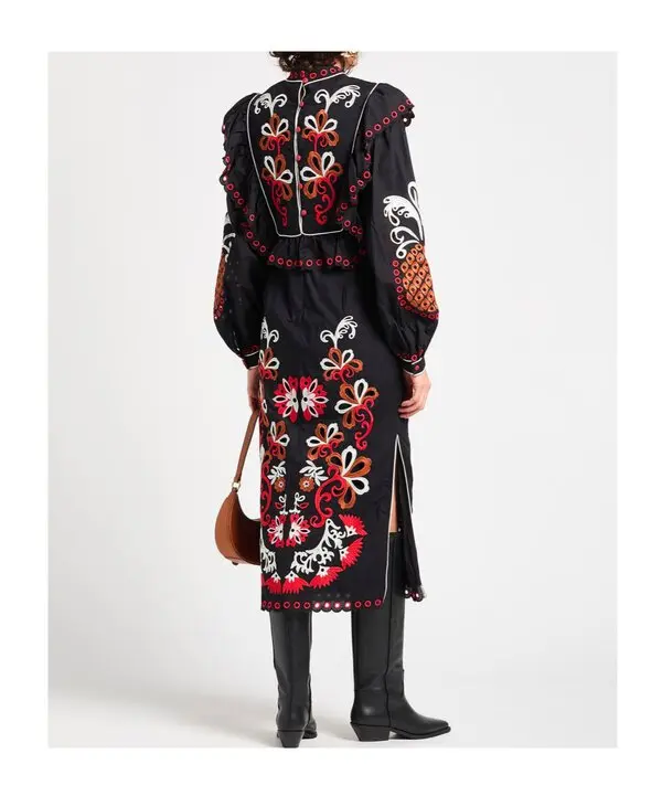 Farm Rio Long-sleeved Embroidered Midi Dress