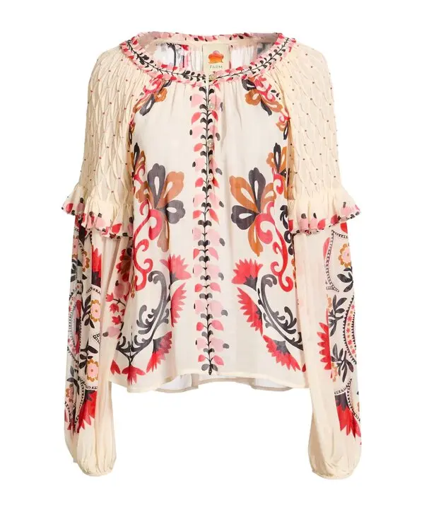 Farm Rio Long-sleeved Printed Shirt With Ruffle And Pleat Details