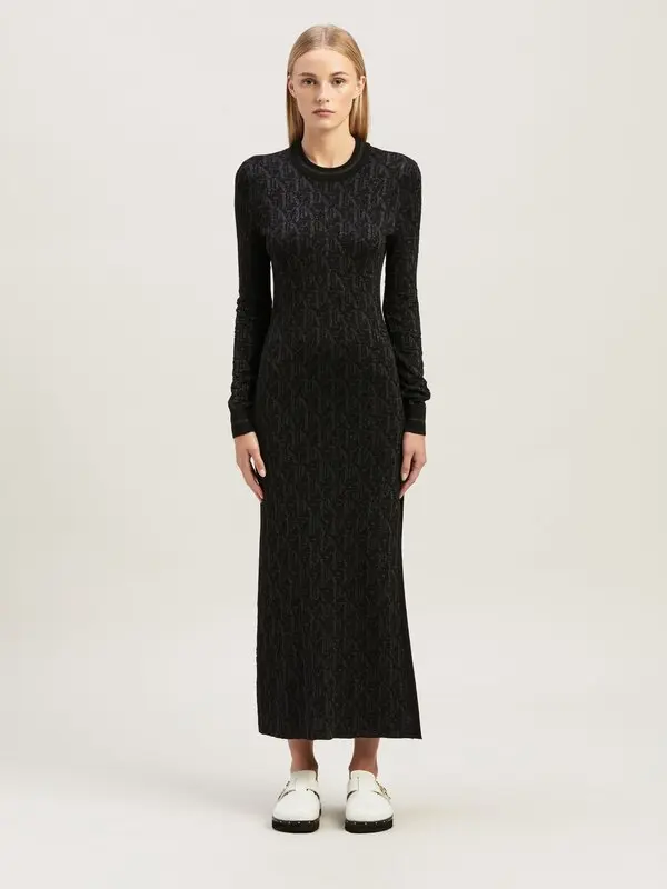 Palm Angels Long Sleeve Monogram Jacquard Maxi Dress