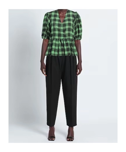 GANNI Peplum Top With Tartan Pattern And Puff Sleeves