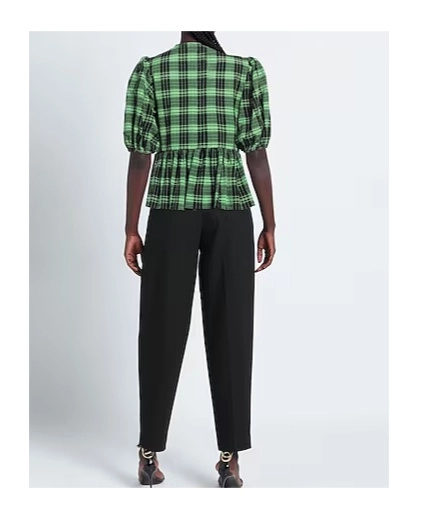 GANNI Peplum Top With Tartan Pattern And Puff Sleeves