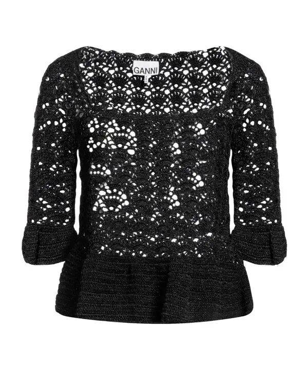GANNI Crochet Square Neck Peplum Jumper - Black