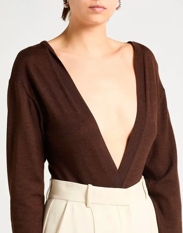 Saint Laurent Long-sleeved V-neck Bodysuit - Brown