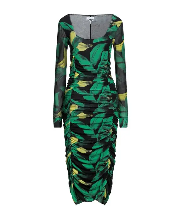 GANNI Long Sleeve Ruched Tropical Print Dress - Green