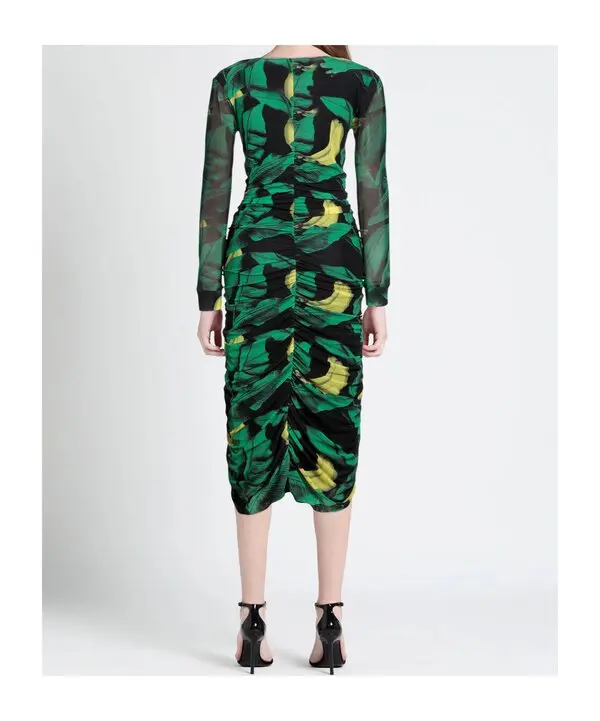 GANNI Long Sleeve Ruched Tropical Print Dress - Green