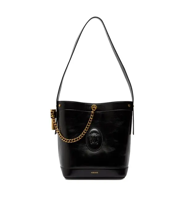 Versace Chain Small Leather Bucket Bag - Black