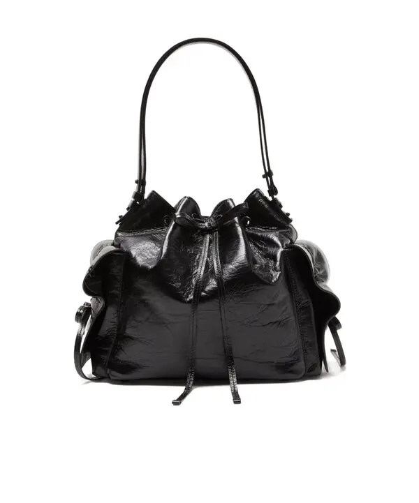Acne Studios Drawstring Ruffled Leather Shoulder Bag - Black