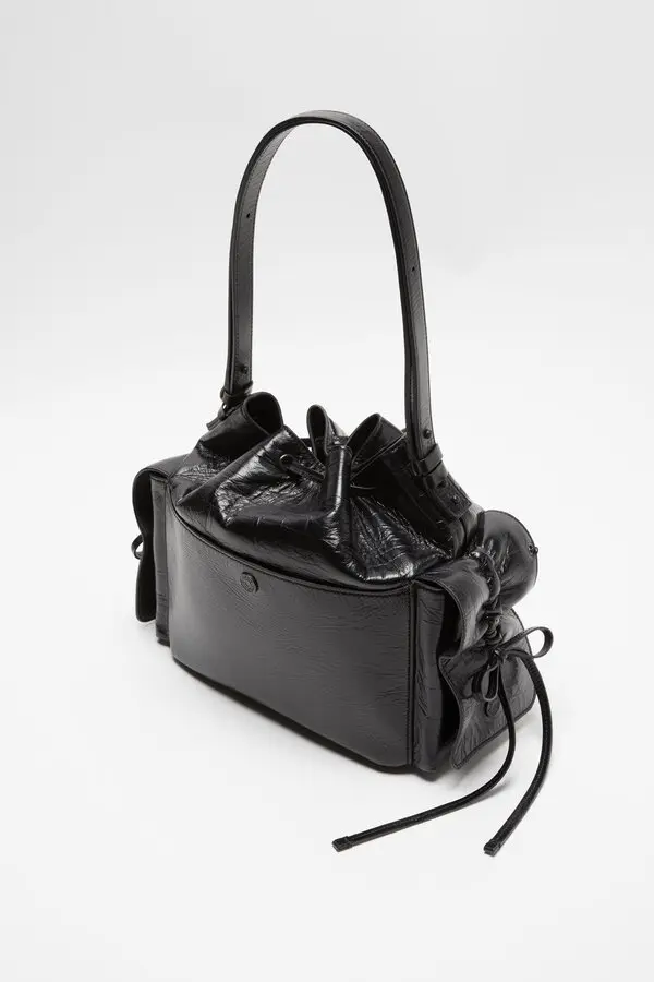 Acne Studios Drawstring Ruffled Leather Shoulder Bag - Black
