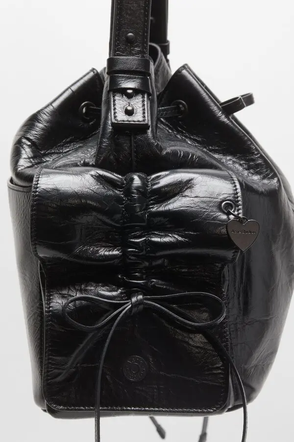 Acne Studios Drawstring Ruffled Leather Shoulder Bag - Black