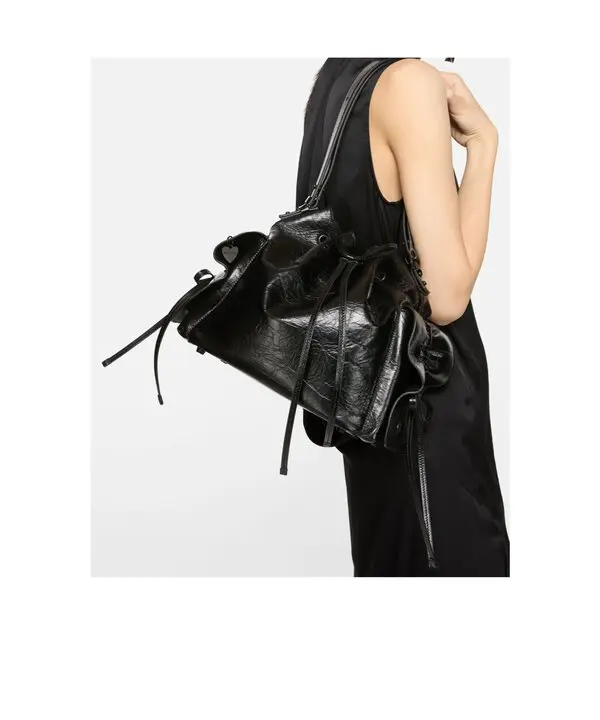 Acne Studios Drawstring Ruffled Leather Shoulder Bag - Black