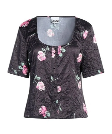 GANNI Floral Print Satin Crinkled Shirt
