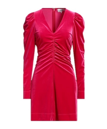 GANNI Velvet Gathered V-neck Long Sleeve Dress