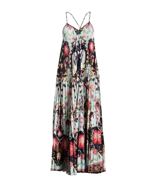 Farm Rio Floral Pleated Slip Dress - Black