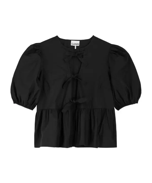 GANNI Tie-front Puff Sleeve Cotton Poplin Blouse