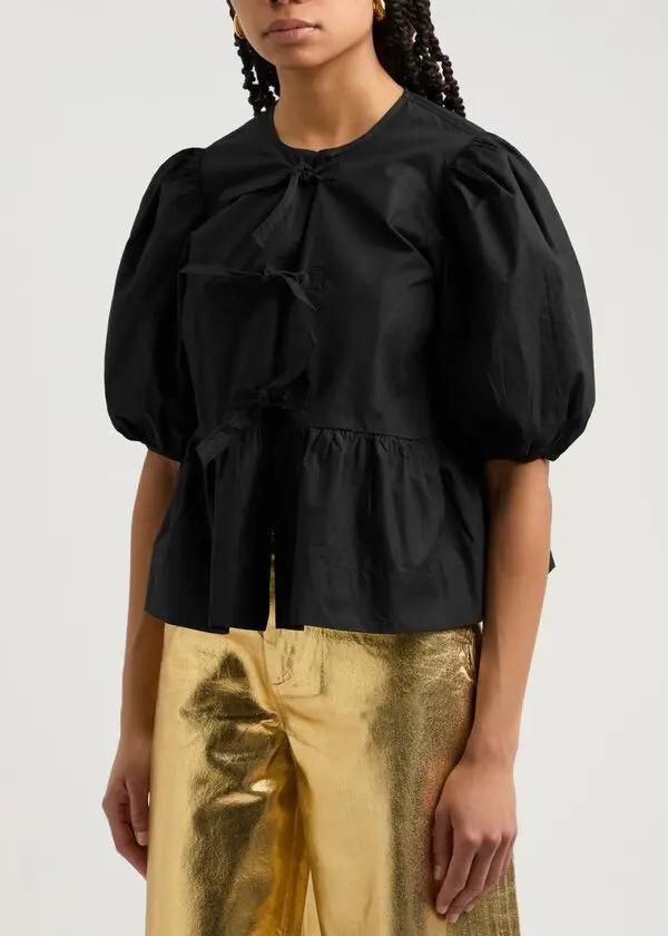 GANNI Tie-front Puff Sleeve Cotton Poplin Blouse