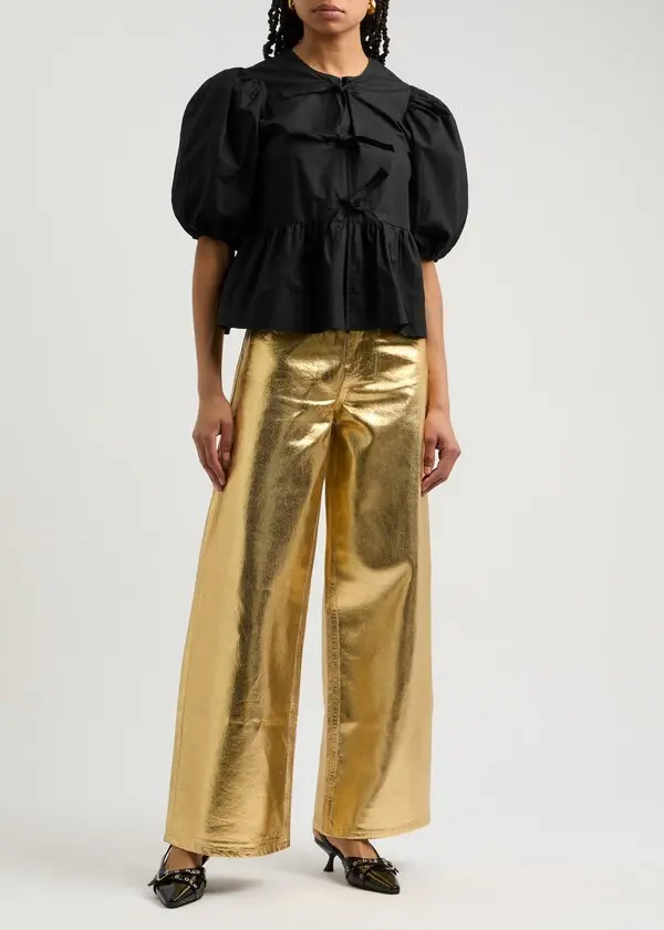 GANNI Tie-front Puff Sleeve Cotton Poplin Blouse