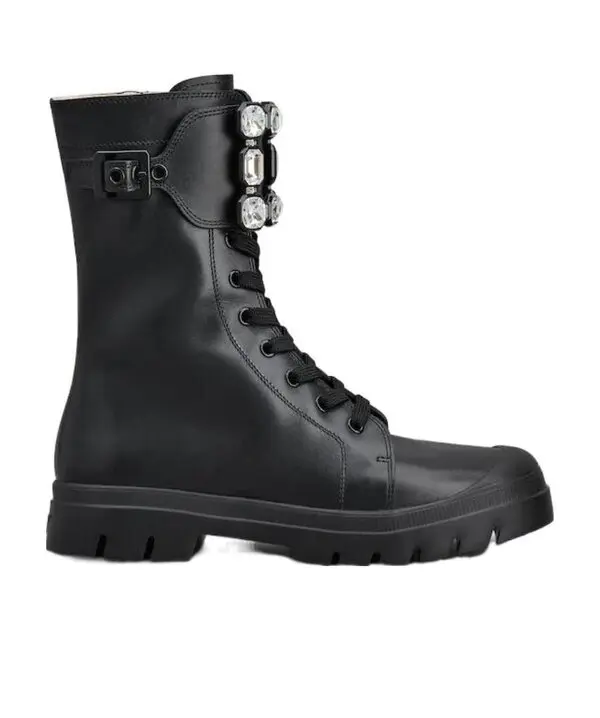 ROGER VIVIER Walky Viv Strass Buckle Lace Up Boots In Leather