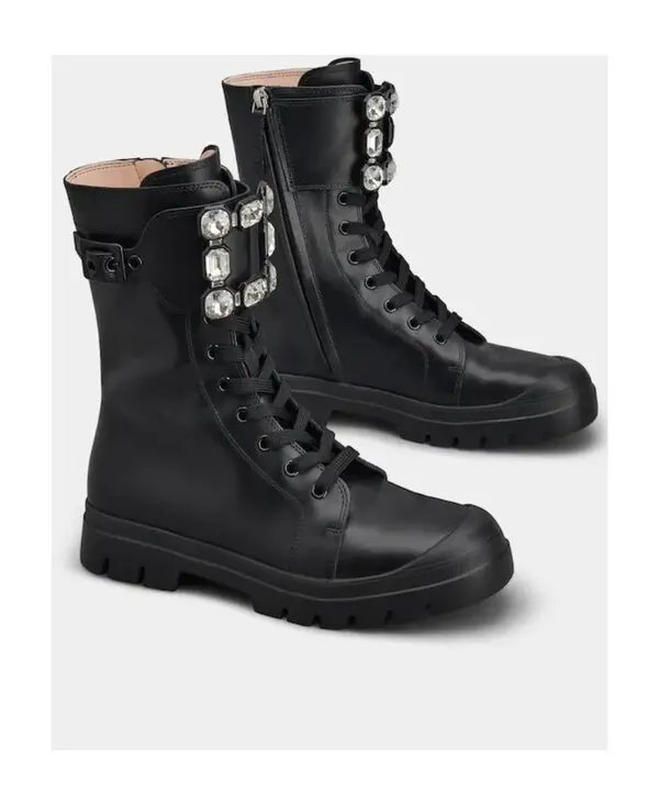 ROGER VIVIER Walky Viv Strass Buckle Lace Up Boots In Leather