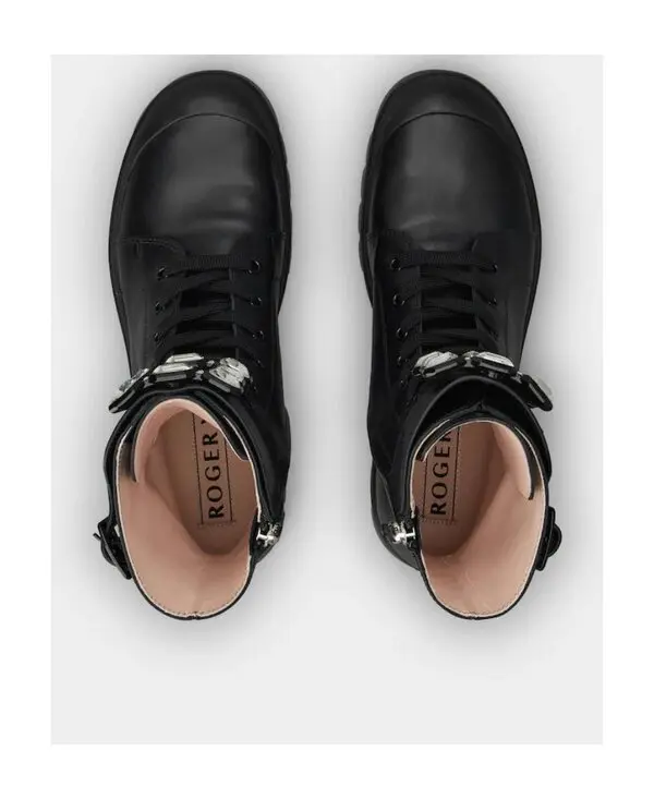 ROGER VIVIER Walky Viv Strass Buckle Lace Up Boots In Leather