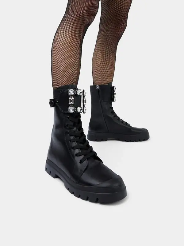 ROGER VIVIER Walky Viv Strass Buckle Lace Up Boots In Leather
