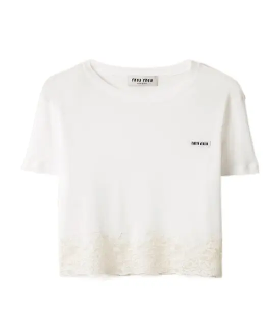 Miu Miu Ribbed Jersey And Lace Trimmed T-shirt - White