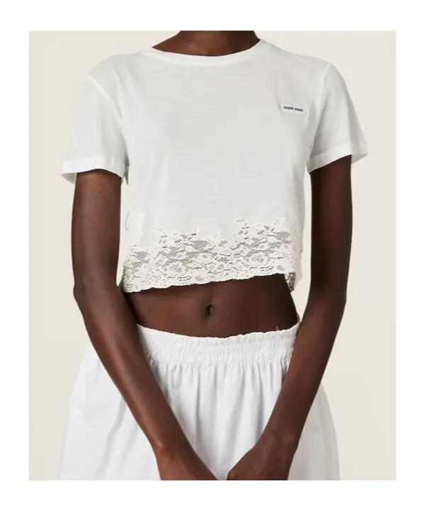 Miu Miu Ribbed Jersey And Lace Trimmed T-shirt - White
