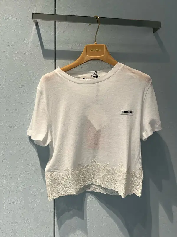 Miu Miu Ribbed Jersey And Lace Trimmed T-shirt - White