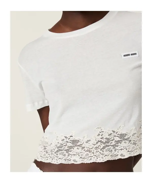 Miu Miu Ribbed Jersey And Lace Trimmed T-shirt - White