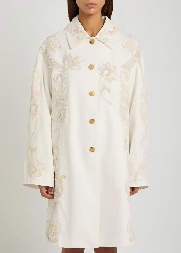 Dries Van Noten Rondero Floral Appliqué Cotton Coat