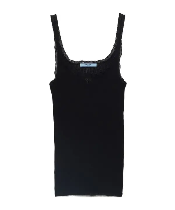 Prada Ribbed Cotton Tank Top With Lace Trim