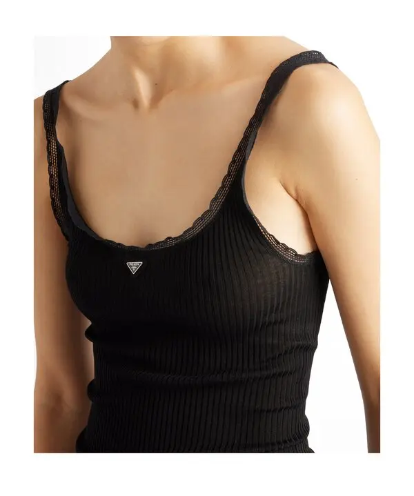 Prada Ribbed Cotton Tank Top With Lace Trim